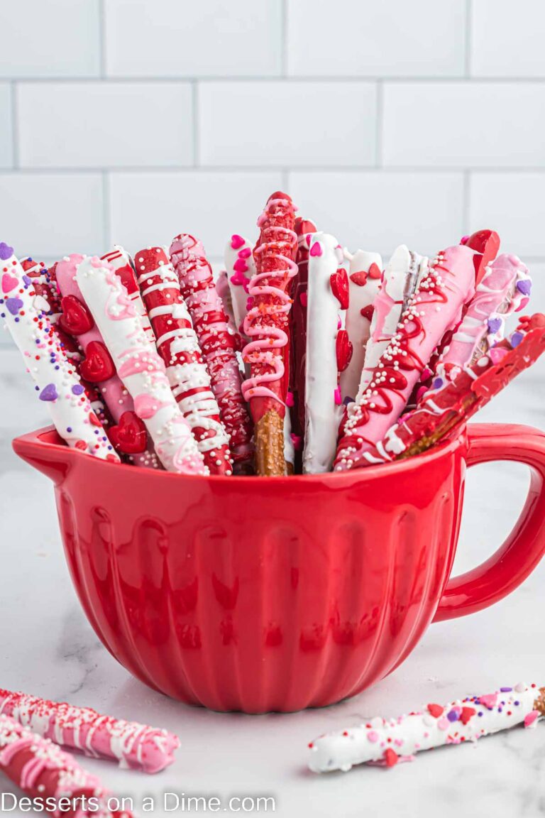 Valentine Chocolate Covered Pretzel Rods - Desserts on a Dime