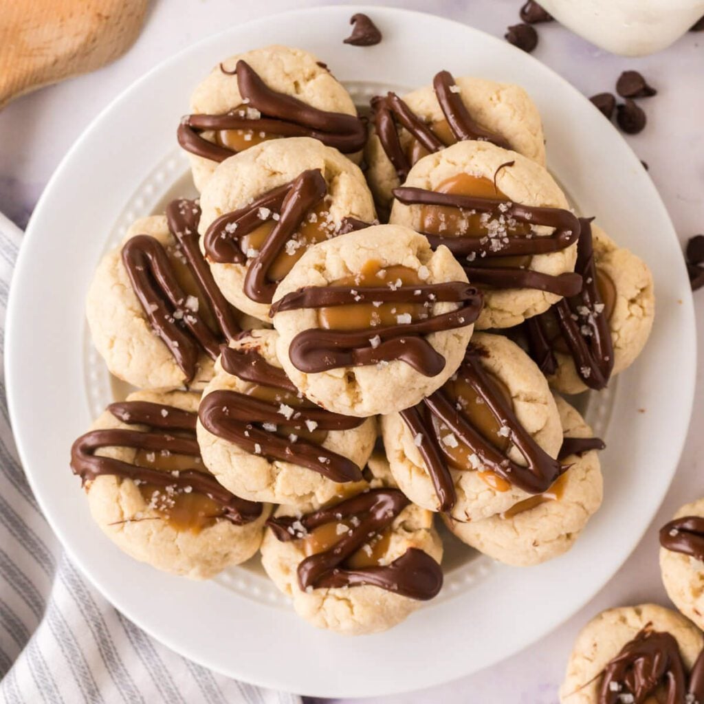 Twix Thumbprint Cookies - Desserts on a Dime
