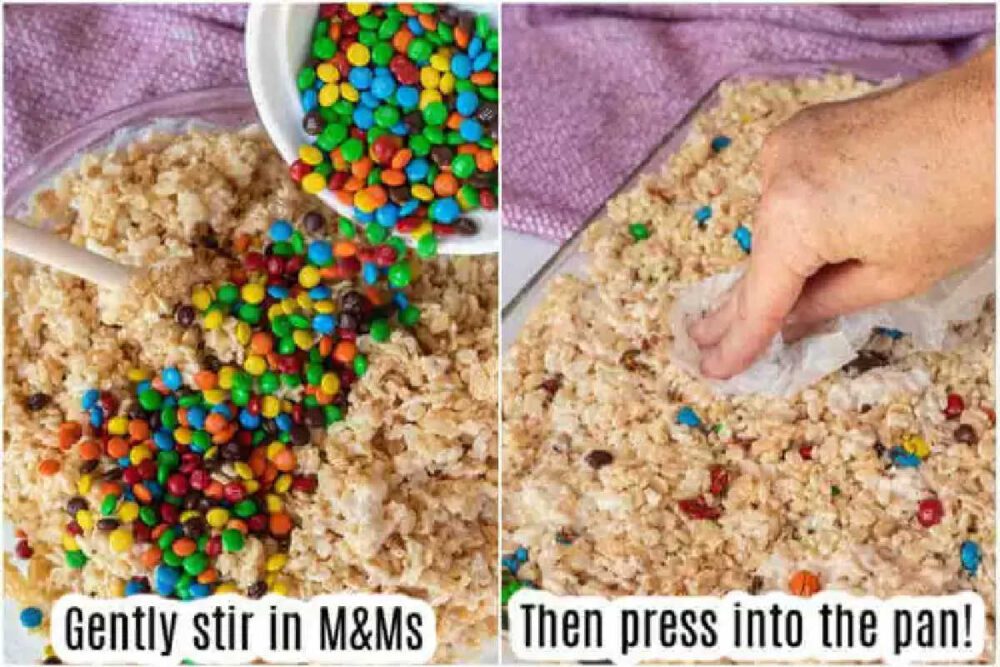 M&M Rice Krispie Treats - rice krispie treats with m&ms