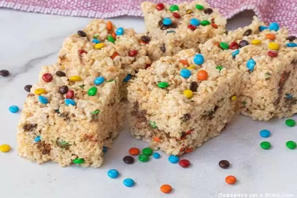 M&M Rice Krispie Treats - rice krispie treats with m&ms